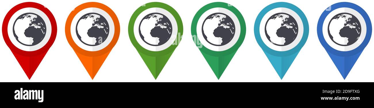 Earth vector pointers, set of colorful flat design icons isolated on ...