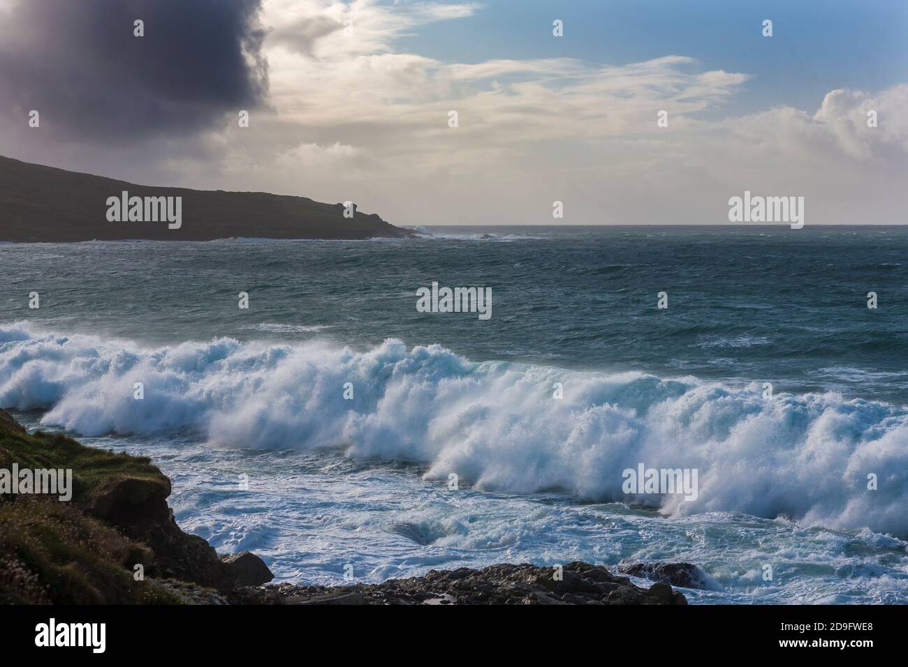 Rough seas on St Ives Head, aka The Island, St. Ives, Cornwall, UK ...