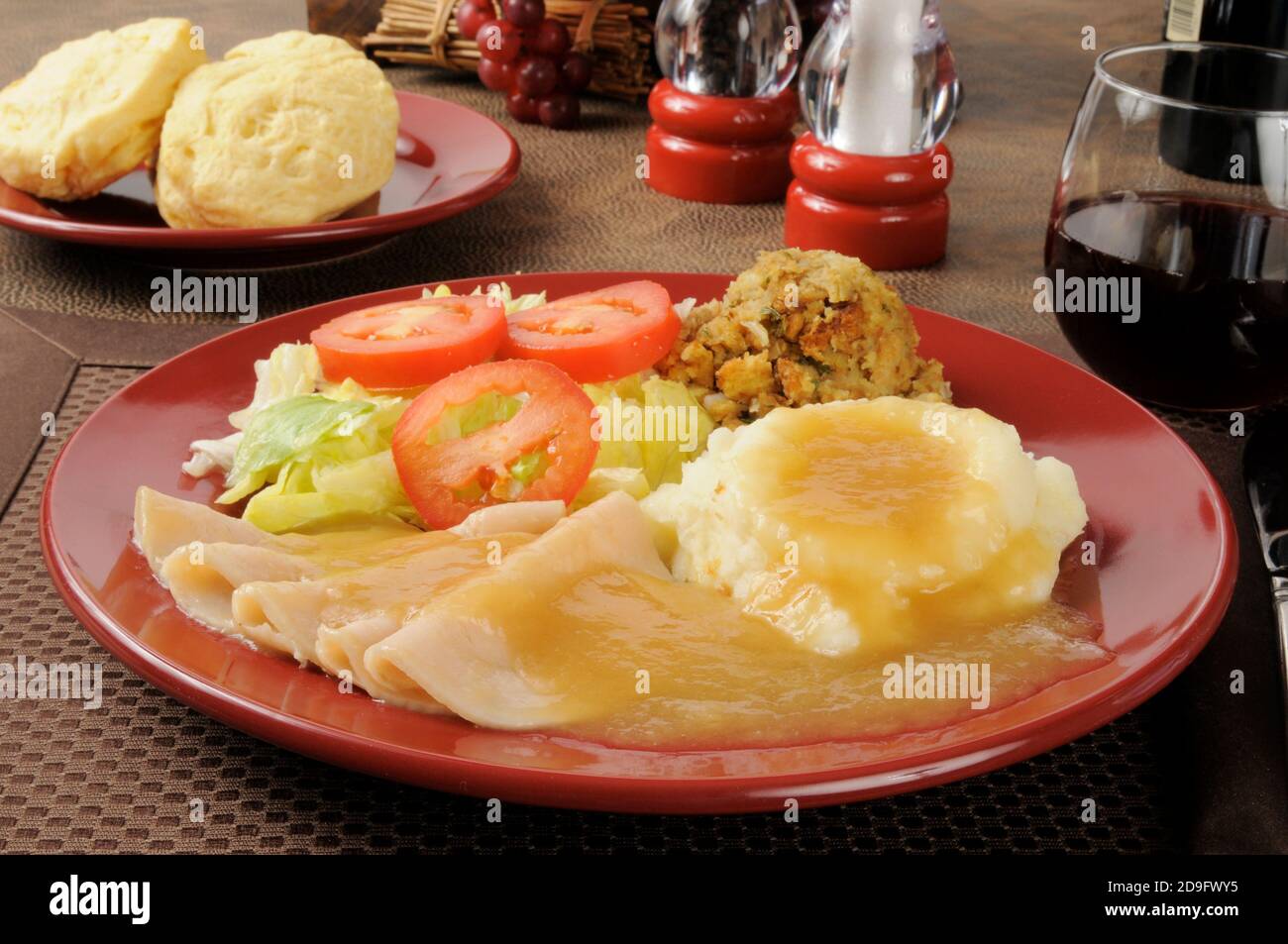 Turkey dinner with mashed potatoes and gravy with buttermilk biscuits ...