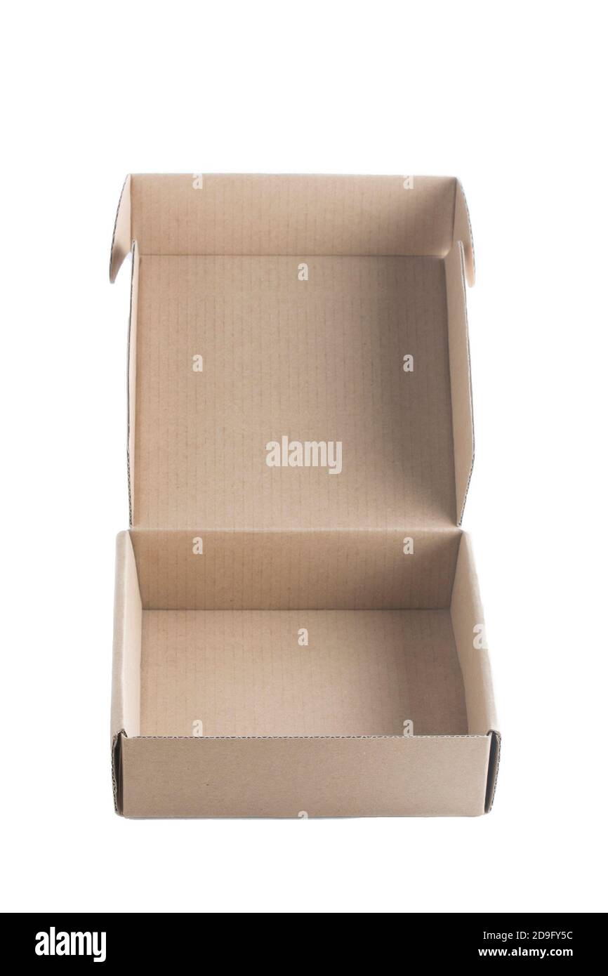 Opened empty box package delivery cardboard carton isolated on white ...