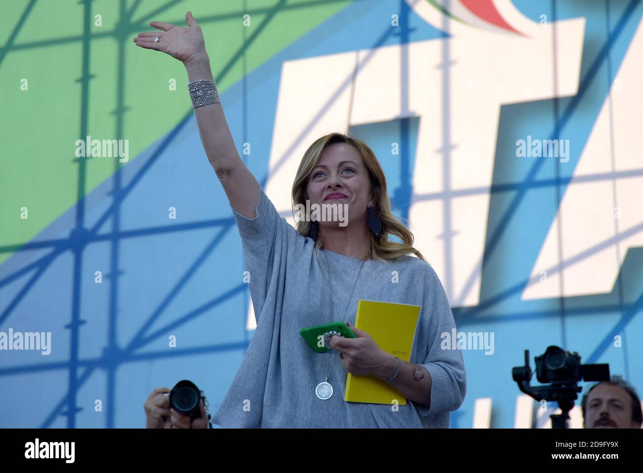Giorgia Meloni, leader of the Brothers of Italy party, greets the ...