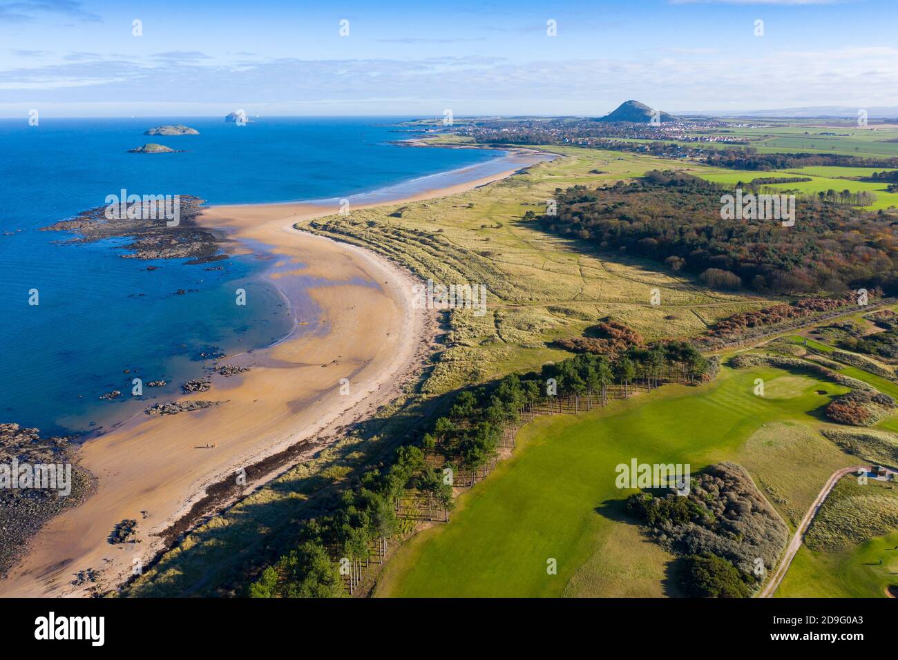Aerial view of Yellowcraigs beach on Firth of Forth in East Lothian ...