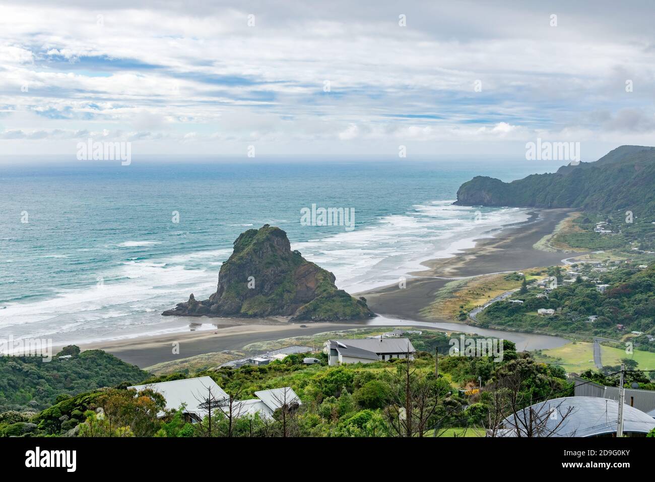 AUCKLAND, NEW ZEALAND - Dec 17, 2019: Wide angle aerial view of Piha ...