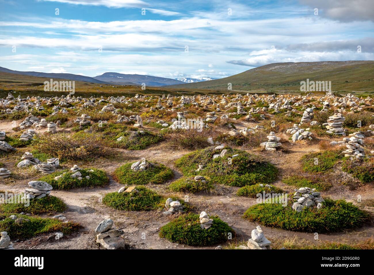 Pile of stones at The Arctic Circle center or Polarsirkelen in Norway ...