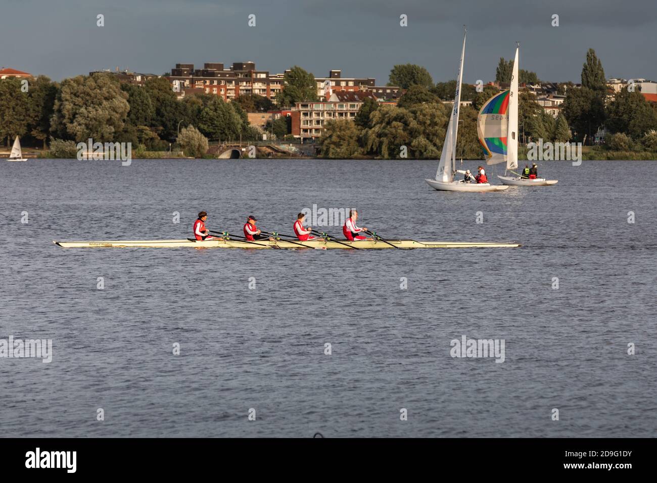 Kayak training on Aussen-Alster lake in Hamburg, Germany Stock Photo ...