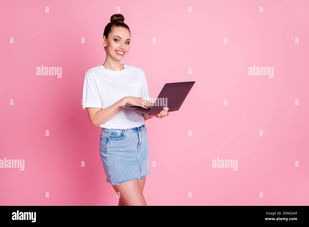 Photo of positive girl coach enjoy work remote use laptop wear style ...