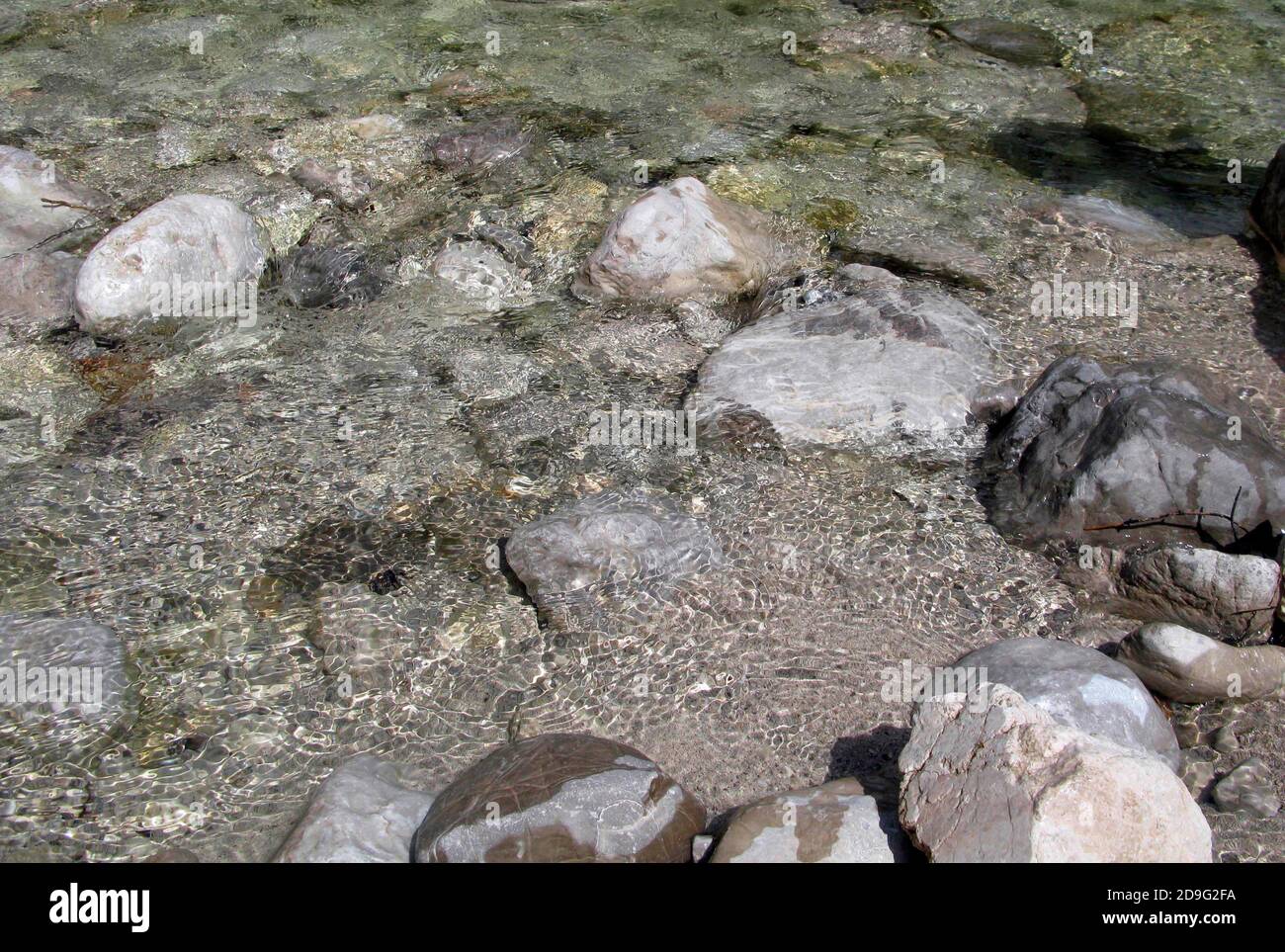 stones and sand at the river bank, with clear water Stock Photo - Alamy