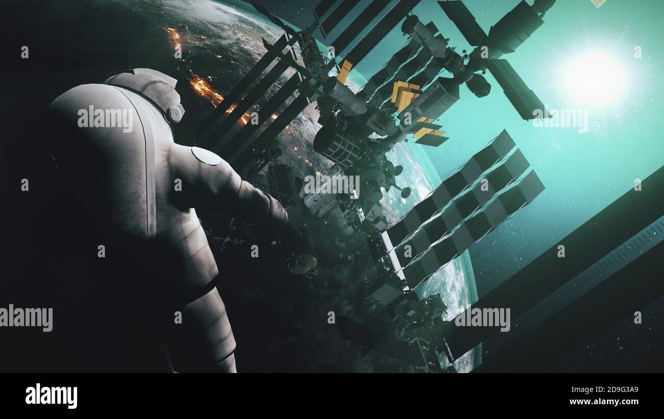 Closeup International Space Station spaceman at Earth planet in outer ...