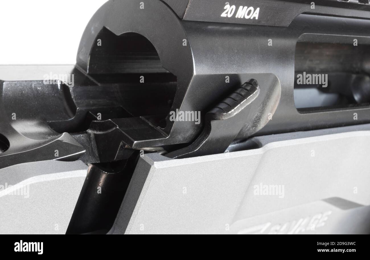 Bolt release lever on a silver colored bolt action rifle Stock Photo ...