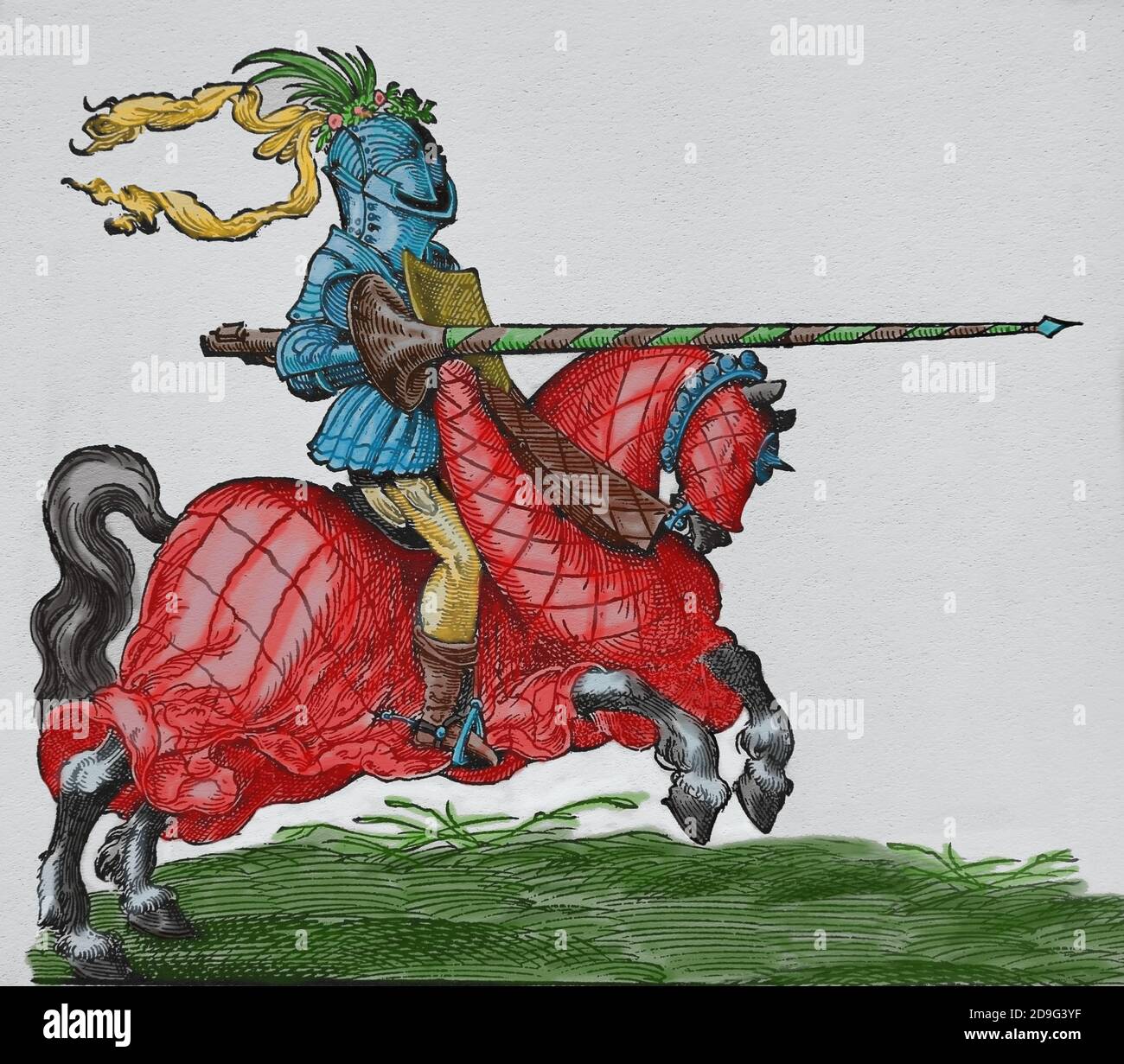 Jousting. Renaissance. Jouster with lance. colored engraving. Engravinb ...