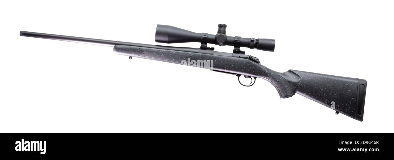 Bolt action rifle with a black stock and high powered scope on white ...