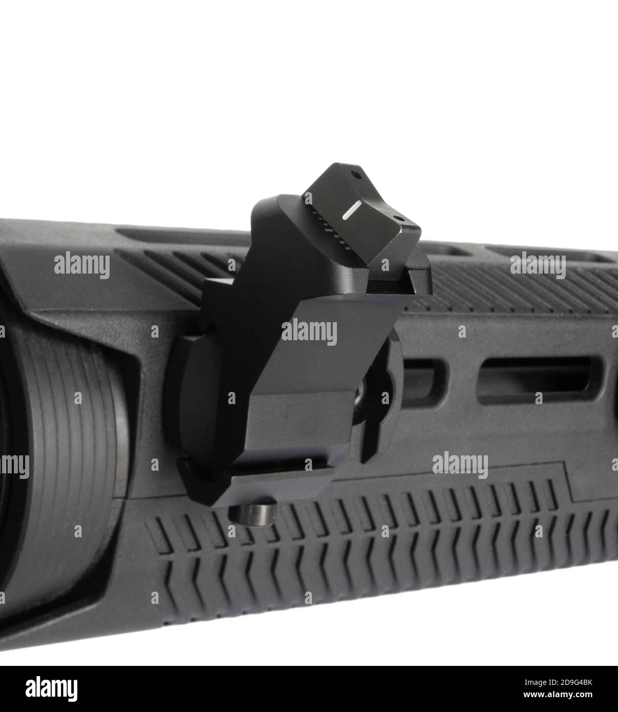Offset iron backup sights at the back of an AR-15 on white Stock Photo ...