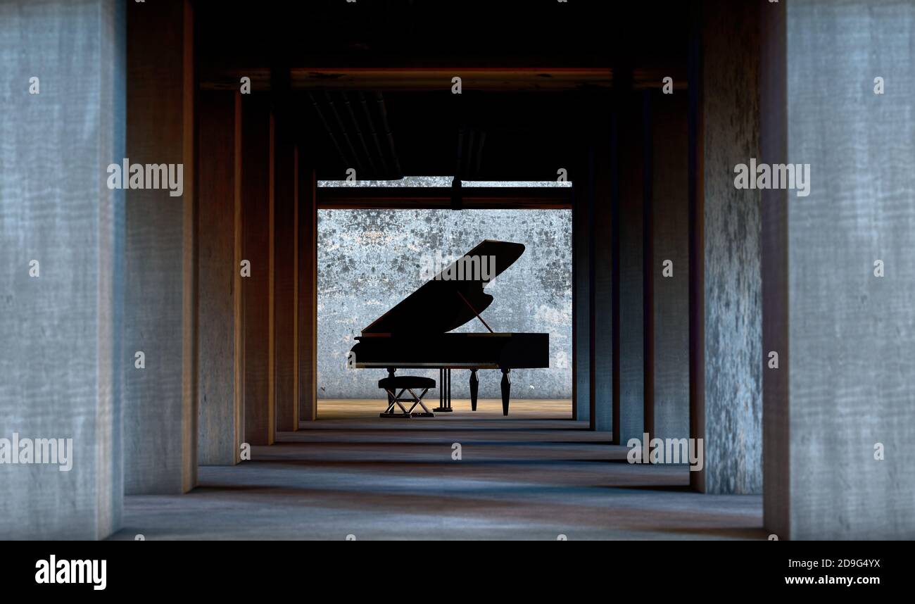 Grand piano in cement and concrete interior architecture. Art and ...
