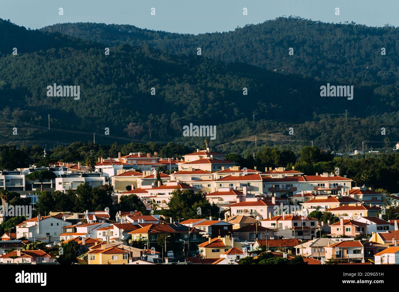 Landscape of Sintra surrounded by hills covered in greenery under the ...