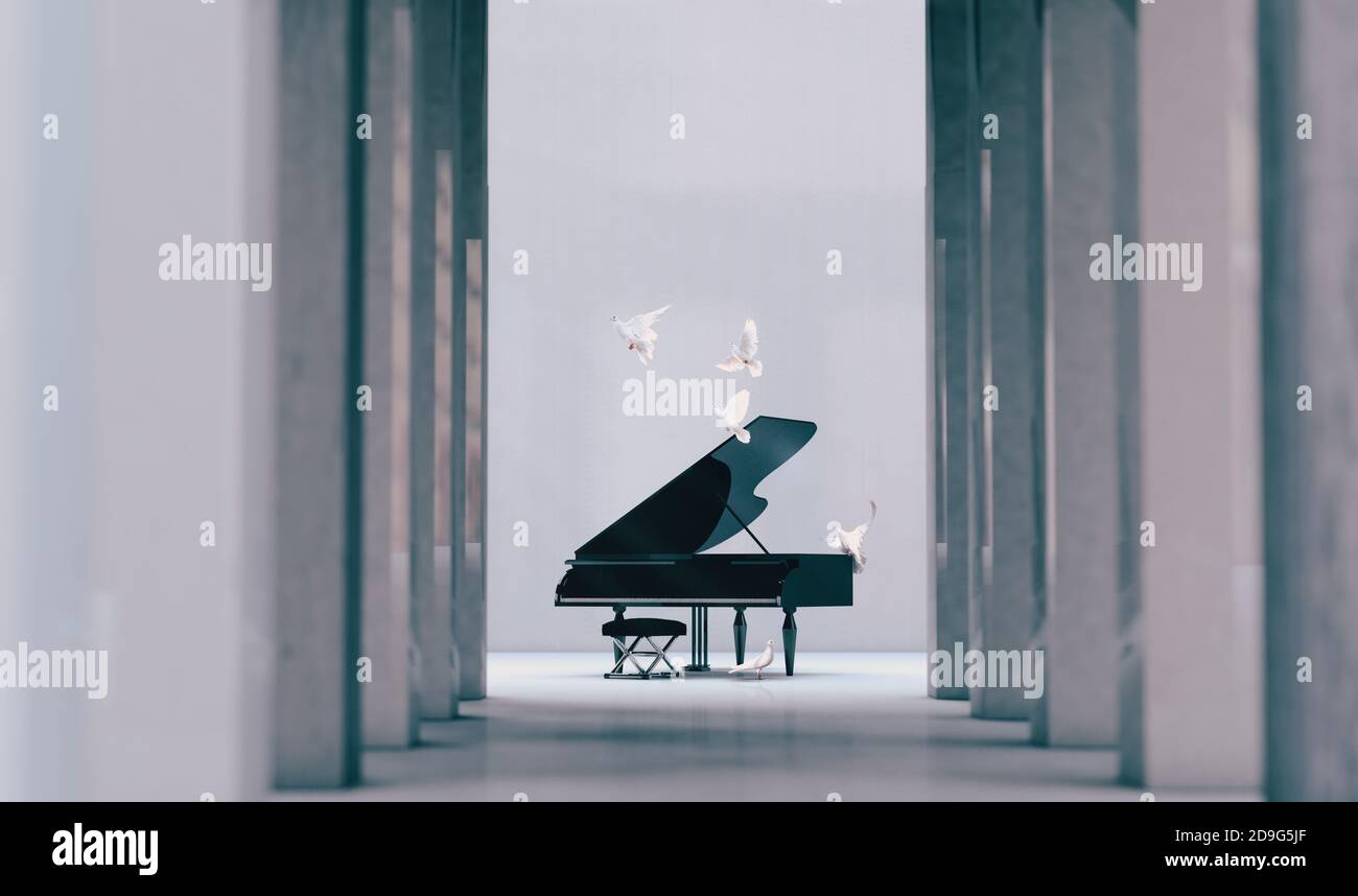 Grand piano in cement and concrete interior architecture. Art and ...