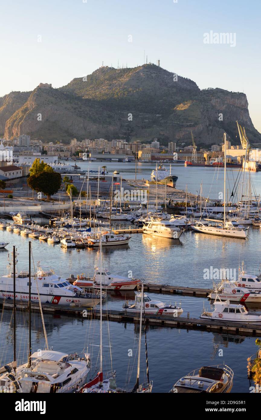 Palermo, Italy, july 2020. Nice aerial view of the waterfront at sunset ...