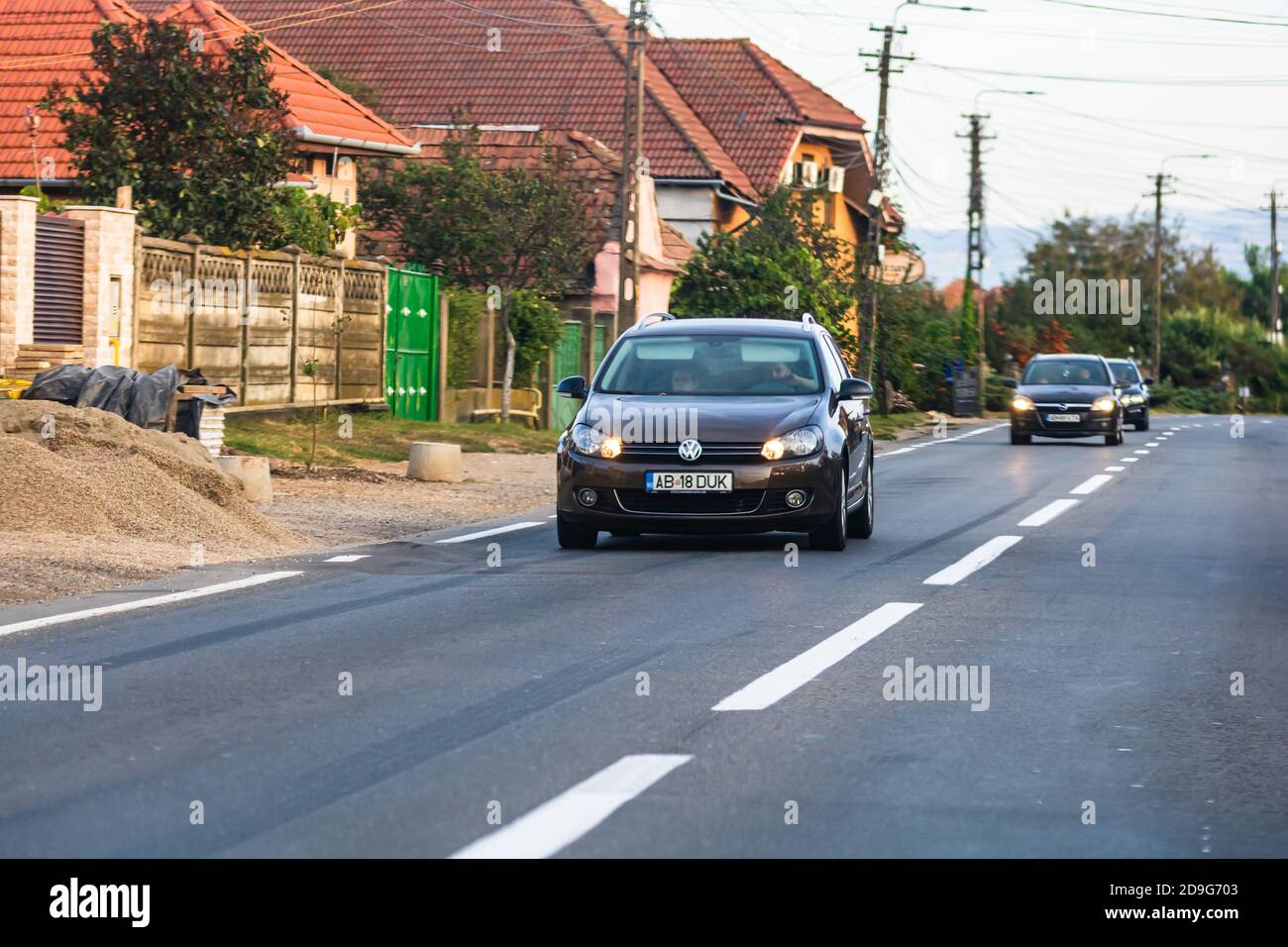 Traveling car in motion on asphalt road, front view of car on street ...