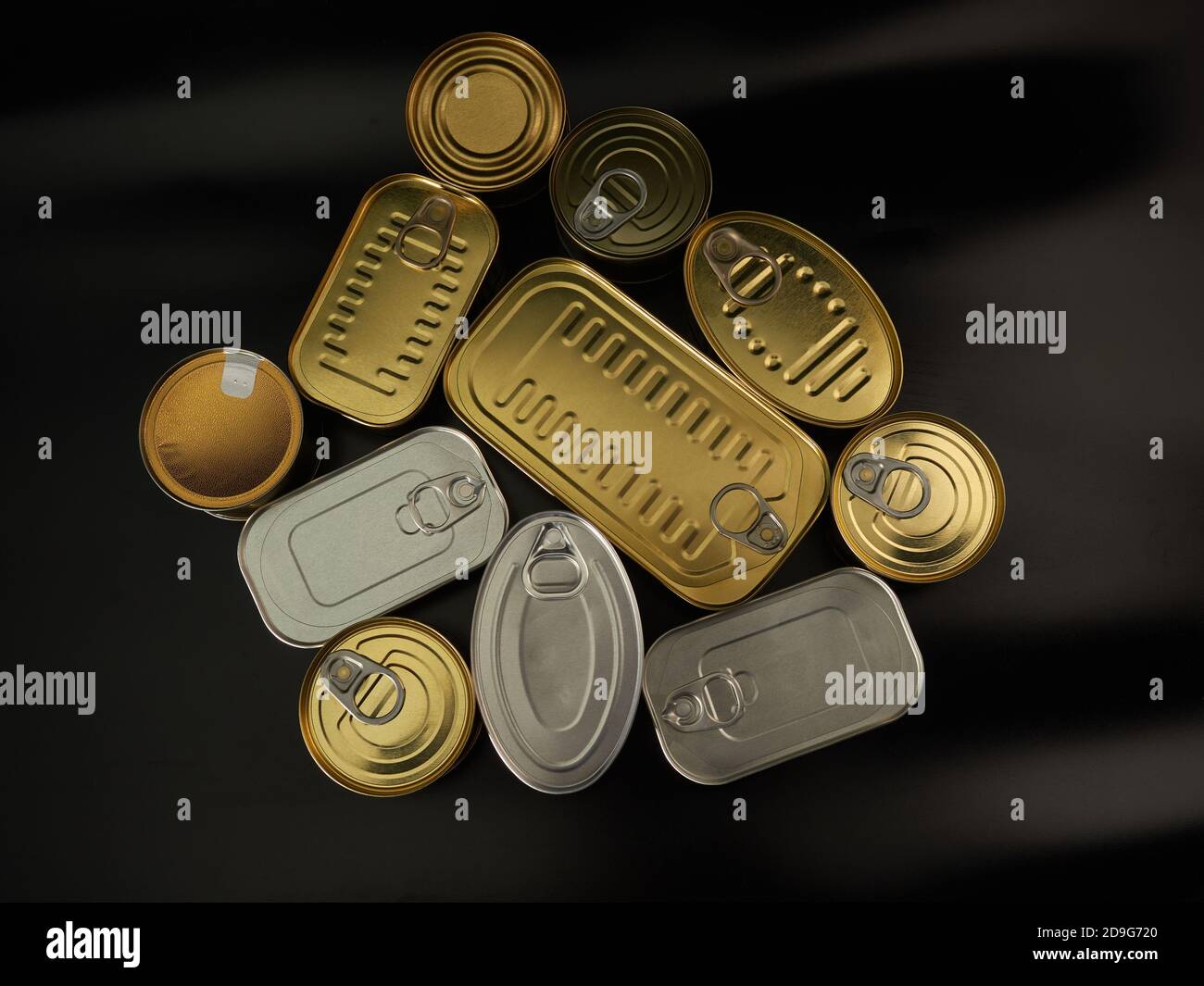 Different types of cans with prepared foods for consumption, vegetables ...