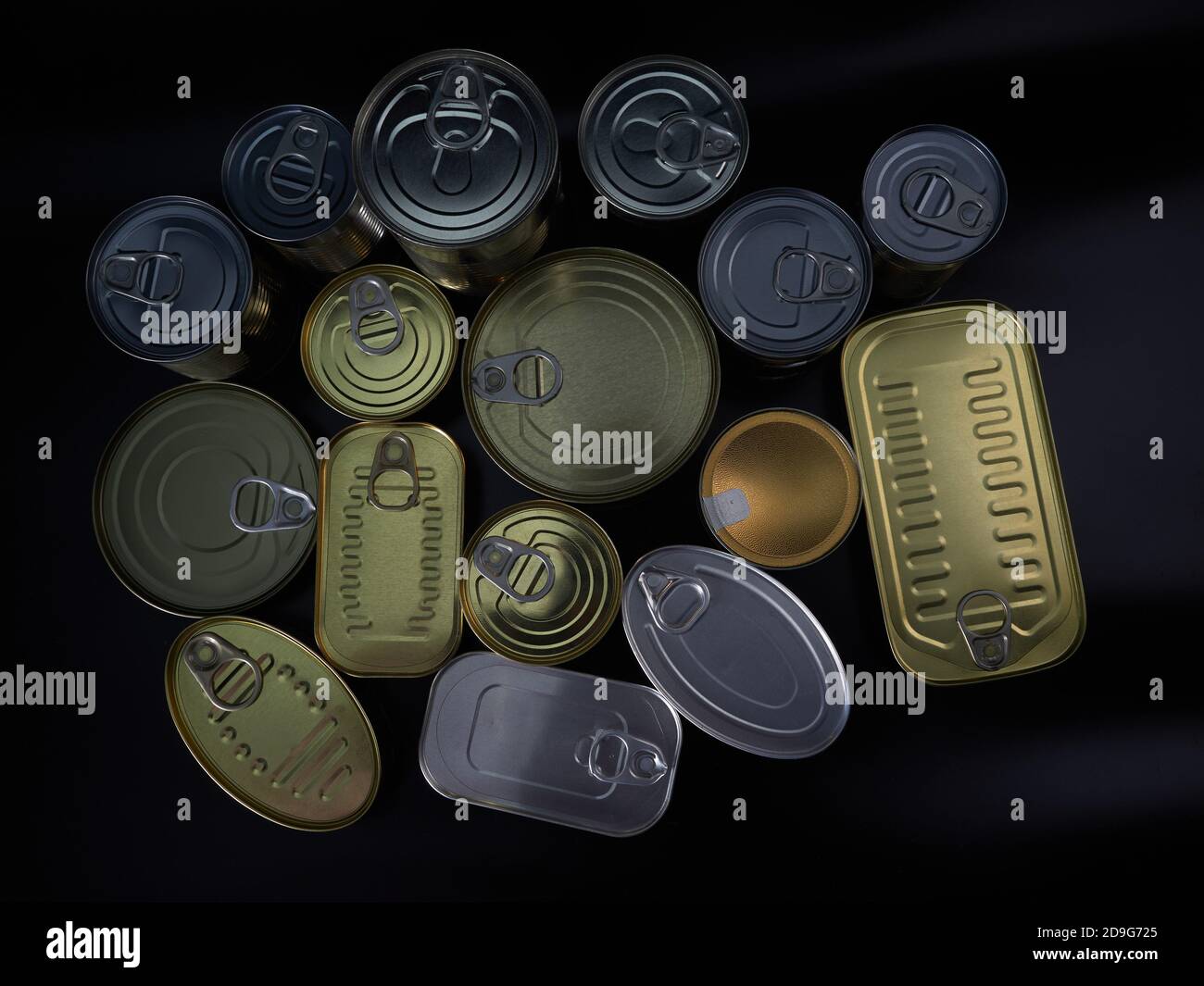 Different types of cans with prepared foods for consumption, vegetables ...
