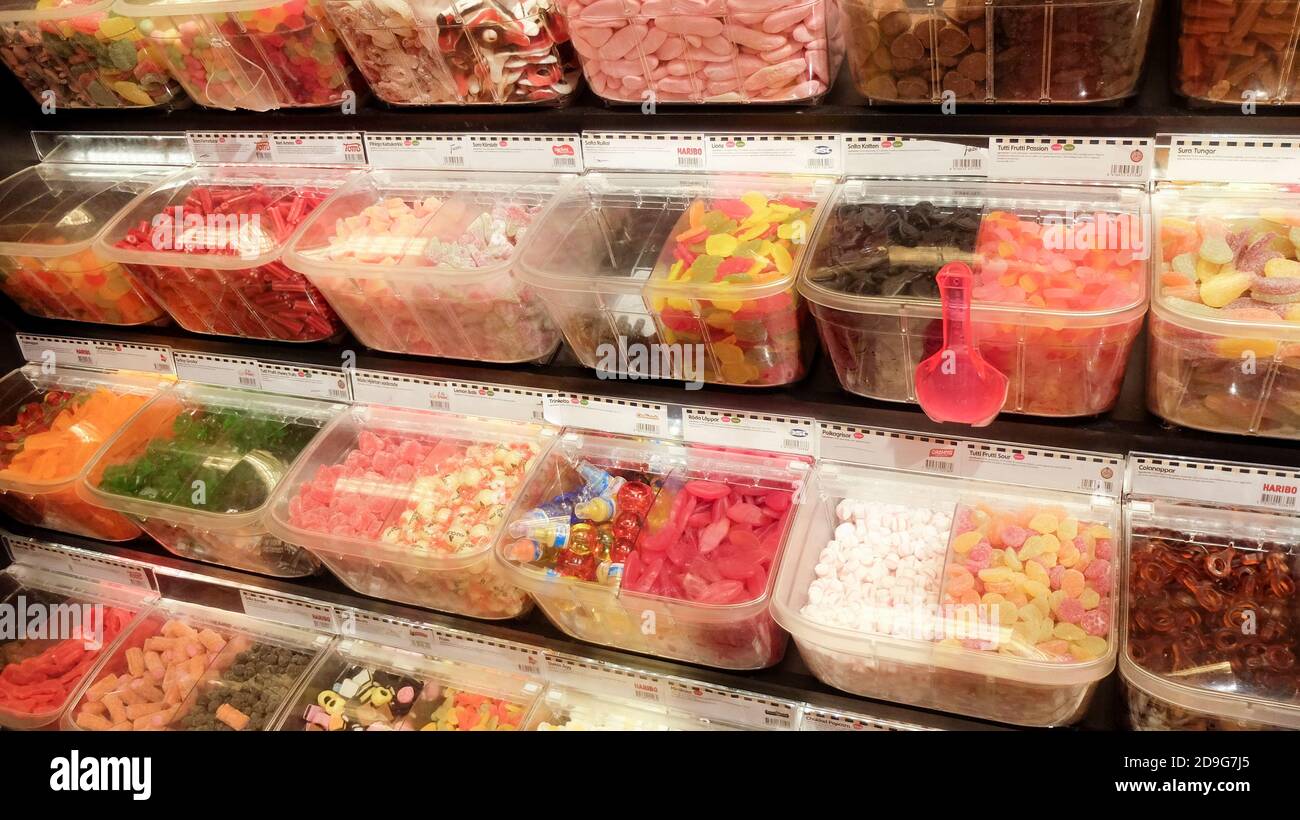 Bulk candies and sweets in a swedish grocery store. Godis Stock Photo ...