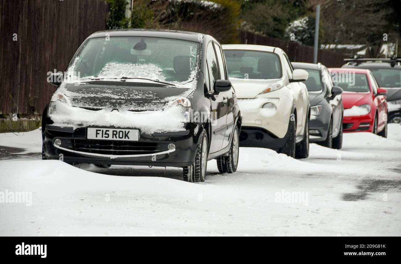 Pontypridd, Wales - March 2018: Cars left at the roadside after a fall ...