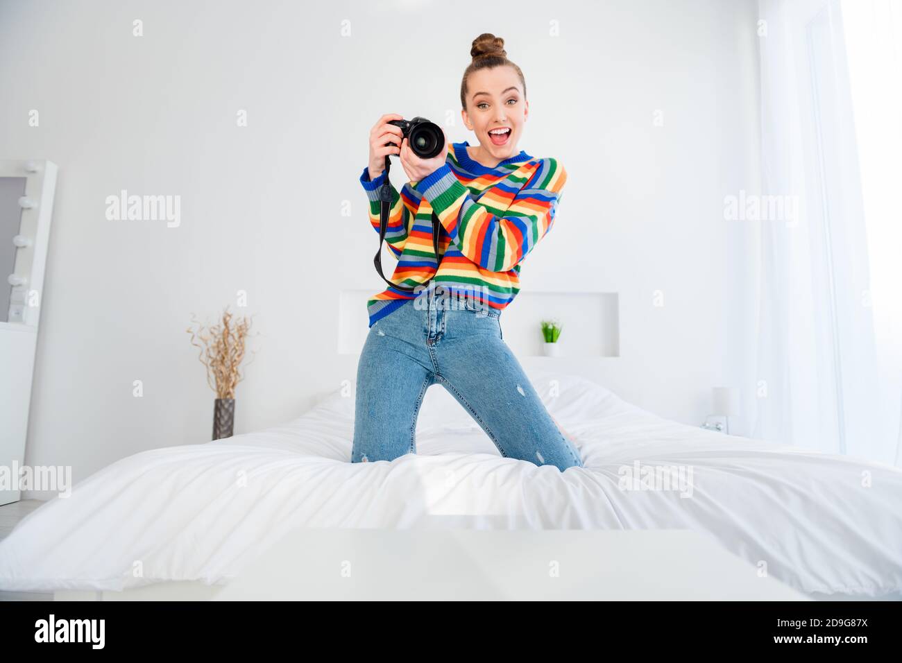 Photo of pretty attractive excited lady shooting pictures for boyfriend ...