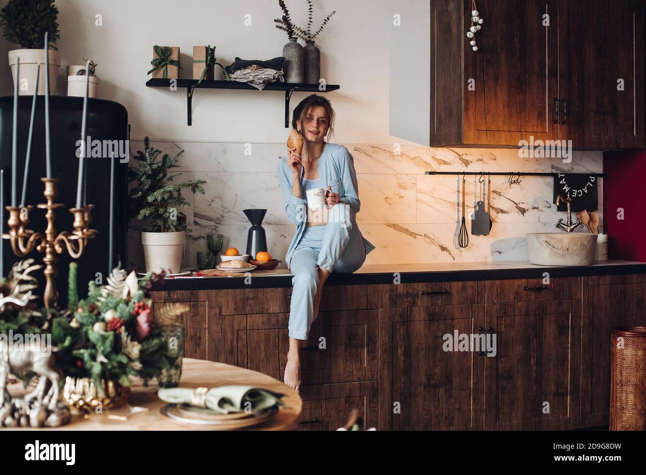Beautiful woman having fun at breakfast. Christmas morning Stock Photo ...