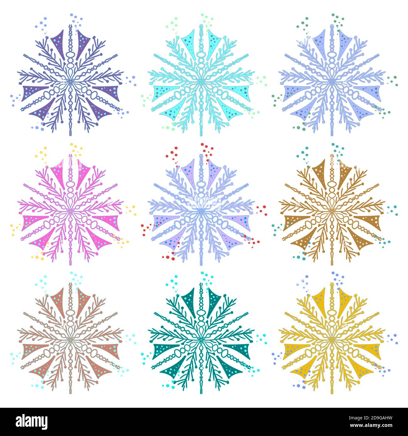 Set of snowflakes. Unusually beautiful shape. Different colours ...