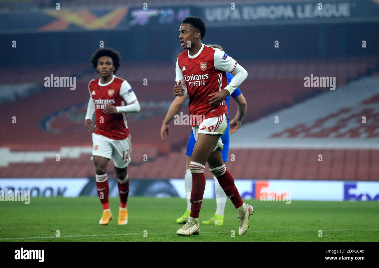 Arsenal's Joe Willock celebrates after Molde's Kristoffer Haugen (not ...