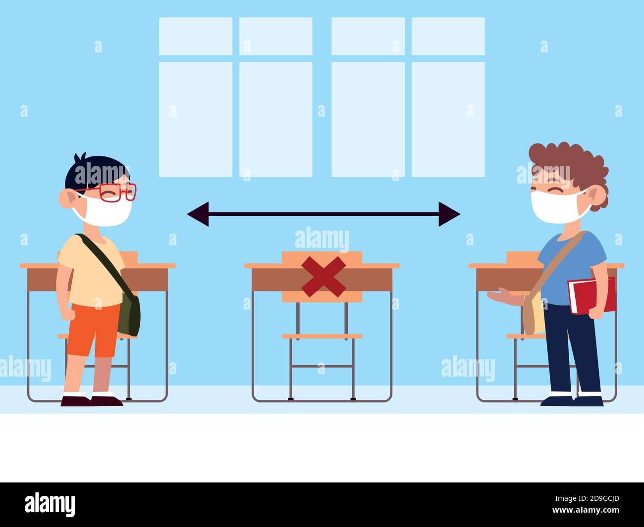 back to school, teen students in the classroom keep physical distance ...