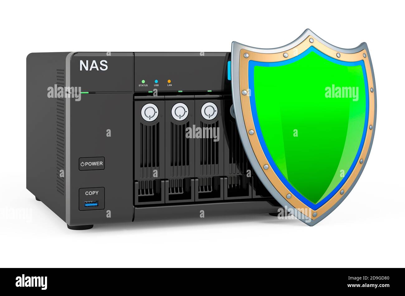 Network-Attached Storage with shield, 3D rendering isolated on white ...