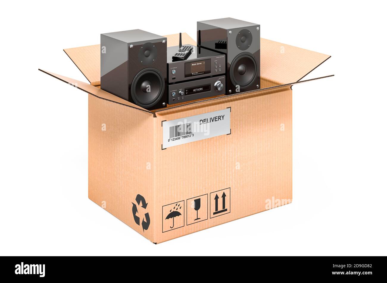 Home stereo system inside cardboard box, delivery concept. 3D rendering ...