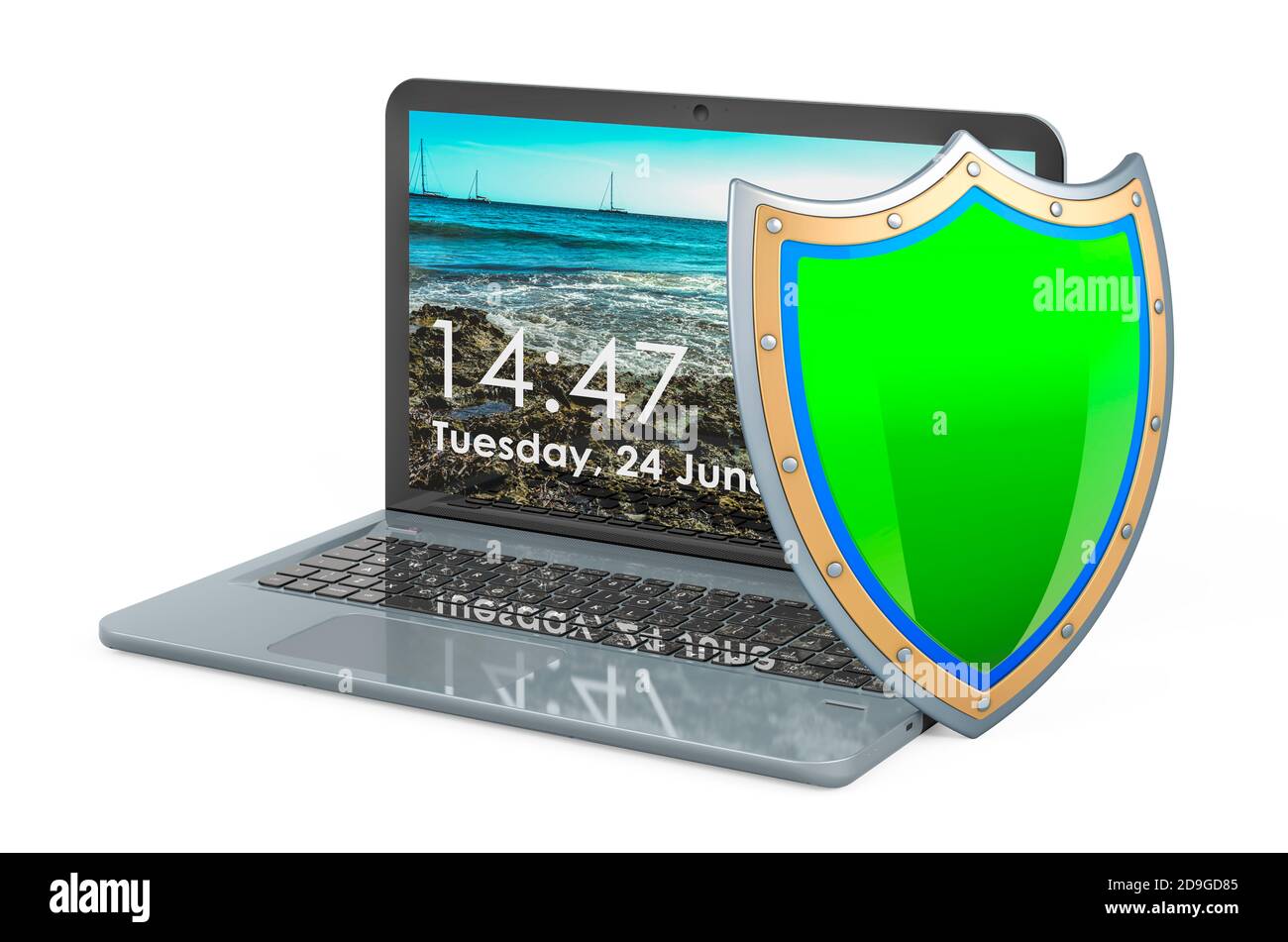 Notebook with shield, security and protection concept. 3D rendering ...