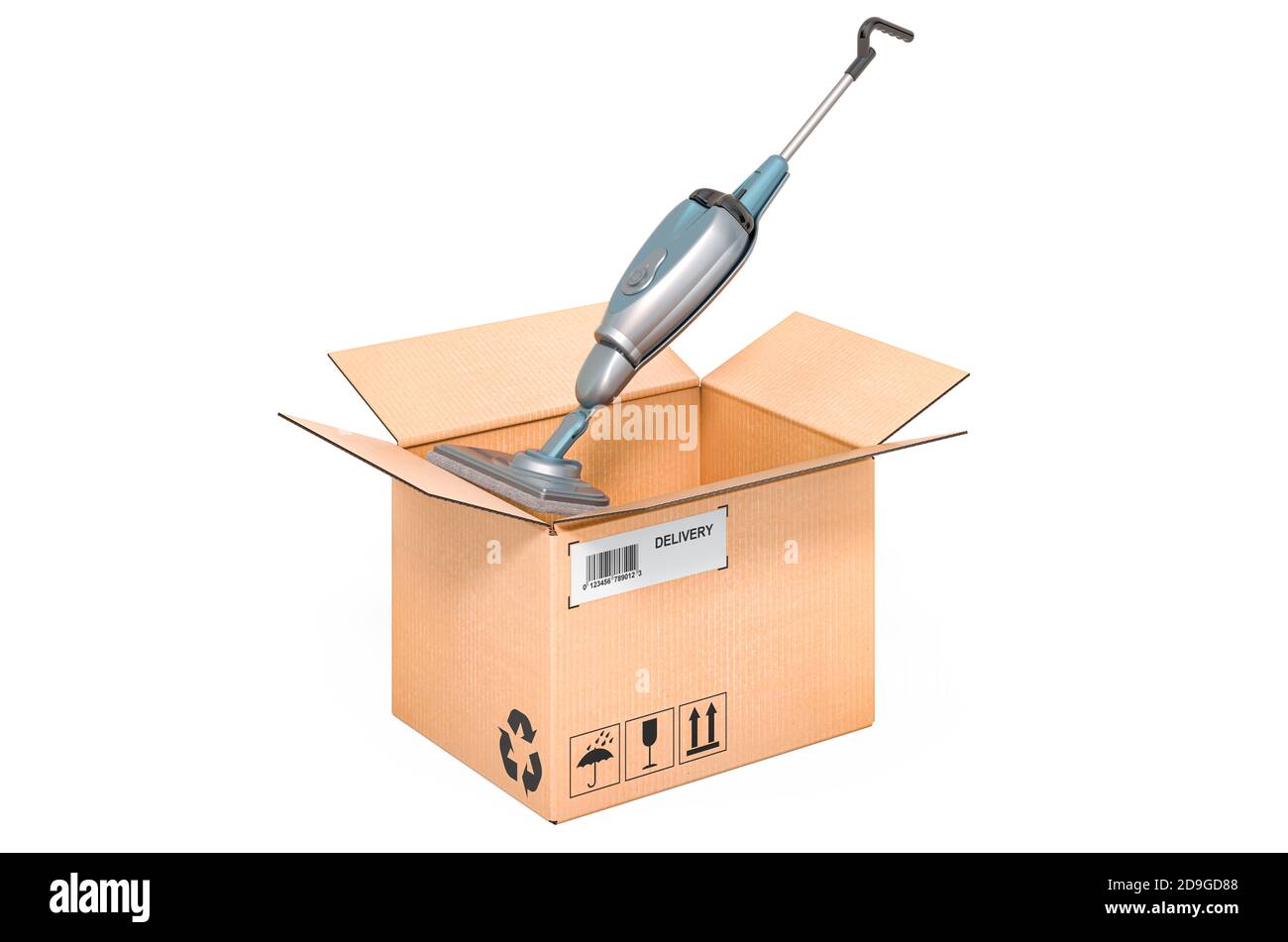 Steam mop inside cardboard box, delivery concept. 3D rendering isolated ...