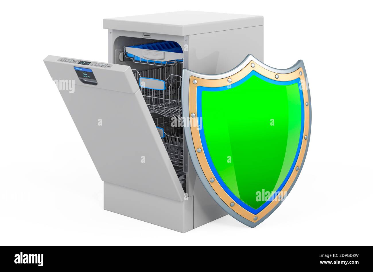Dishwasher with shield, 3D rendering isolated on white background Stock ...