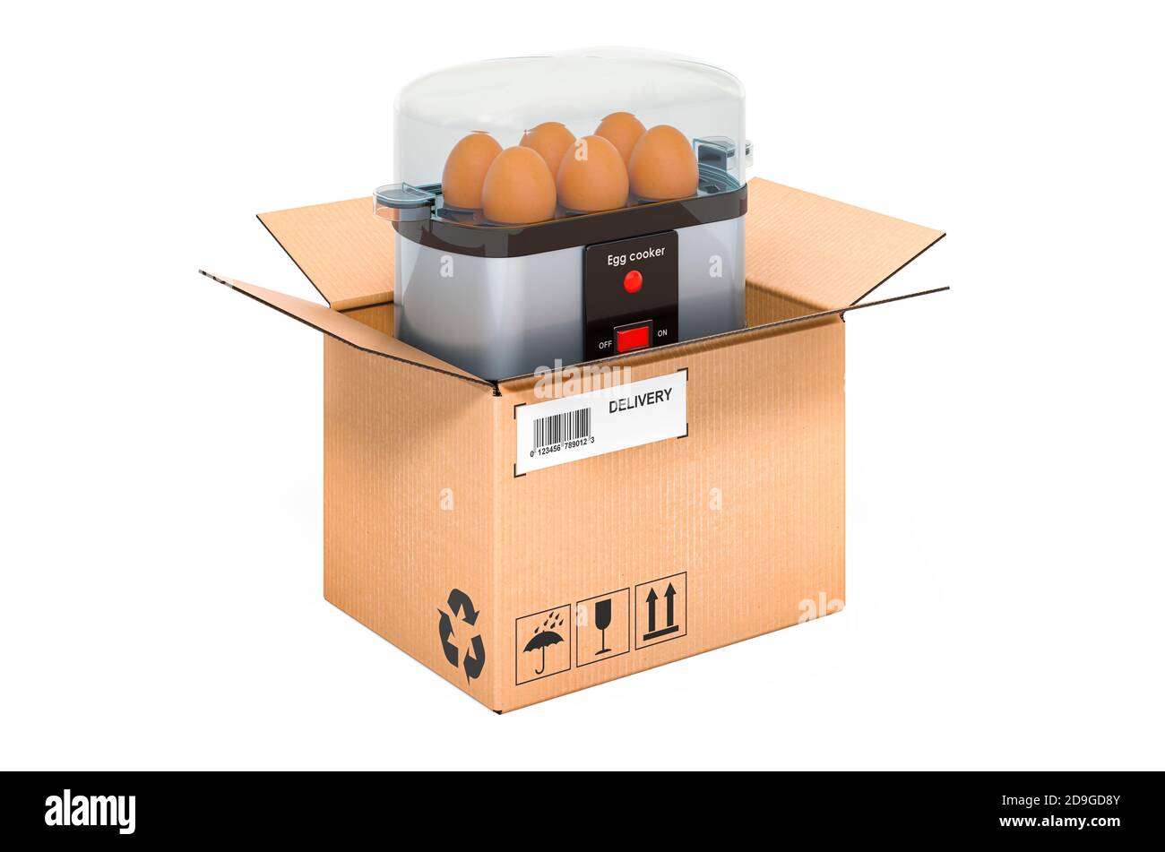 Egg cooker inside cardboard box, delivery concept. 3D rendering ...
