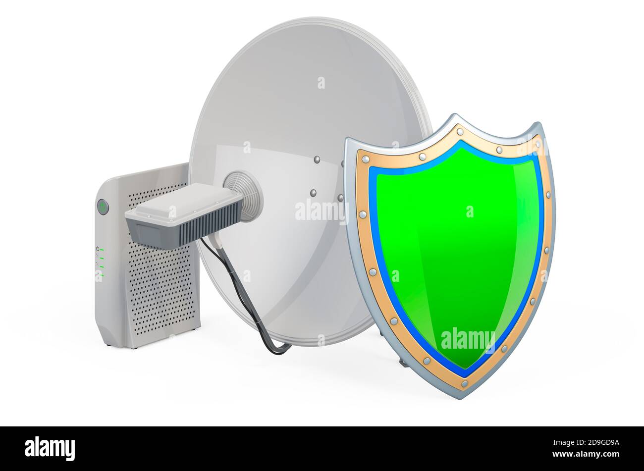 Satellite dish with shield, 3D rendering isolated on white background ...