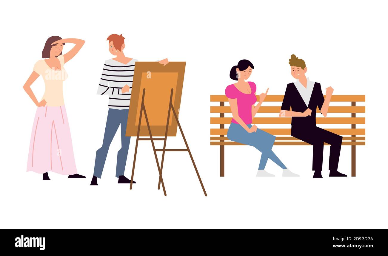 people making different acitivity outdoor, include painting and talking ...