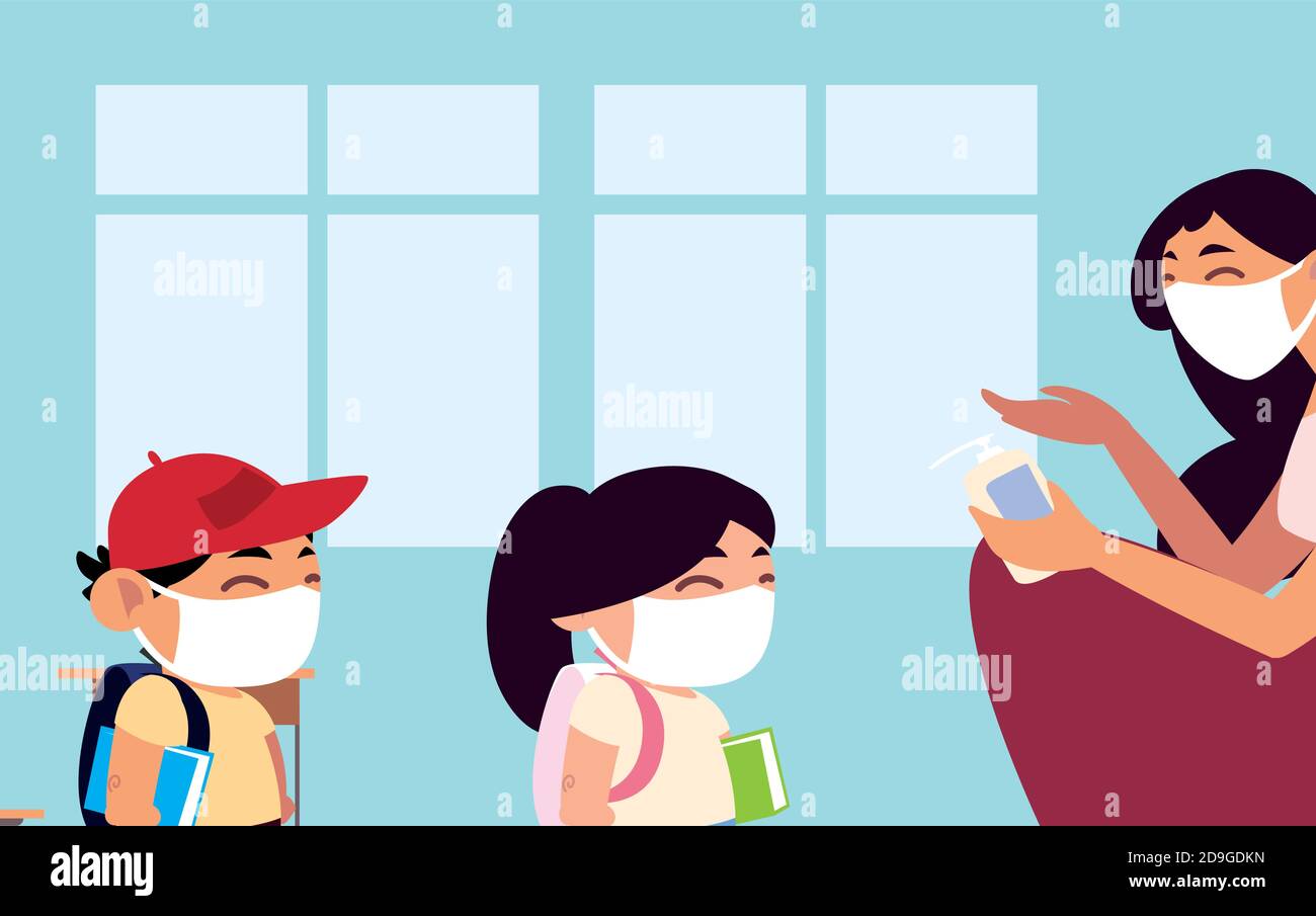 back to school, teacher and students with masks and hand sanitizer ...