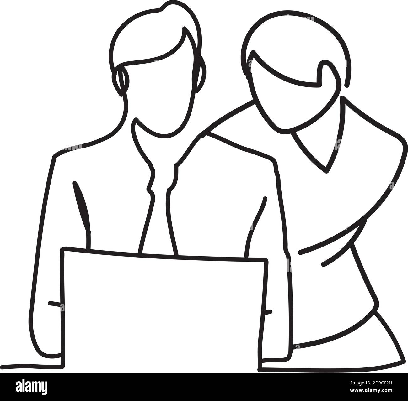 man and woman working with laptop, continuous line style vector ...