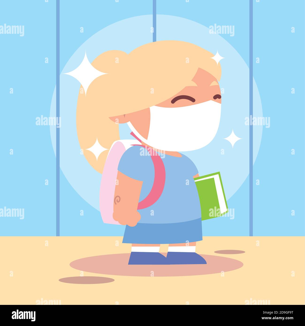 back to school for new normal, blonde girl student with medical mask ...