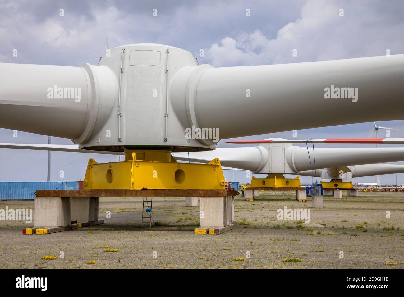 Three Giant rotors of wind turbine on windmill assambly yard to build ...