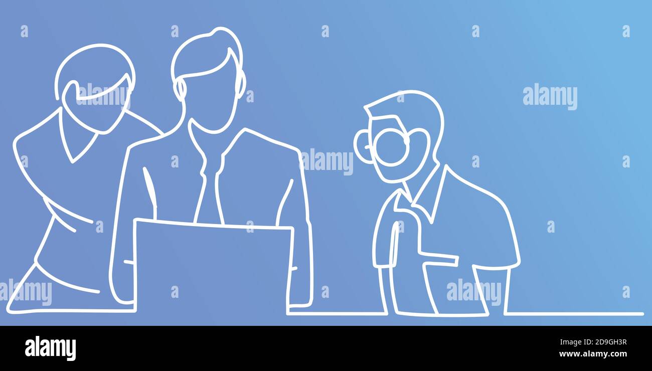 teamwork people looking laptop, blue background continuous line style ...