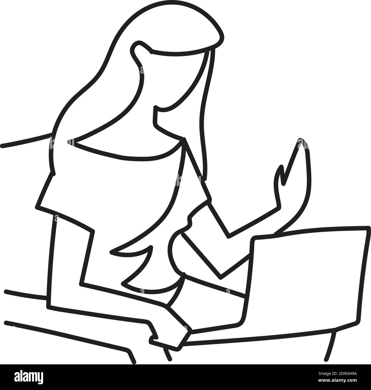 woman with laptop working, continuous line style vector illustration ...