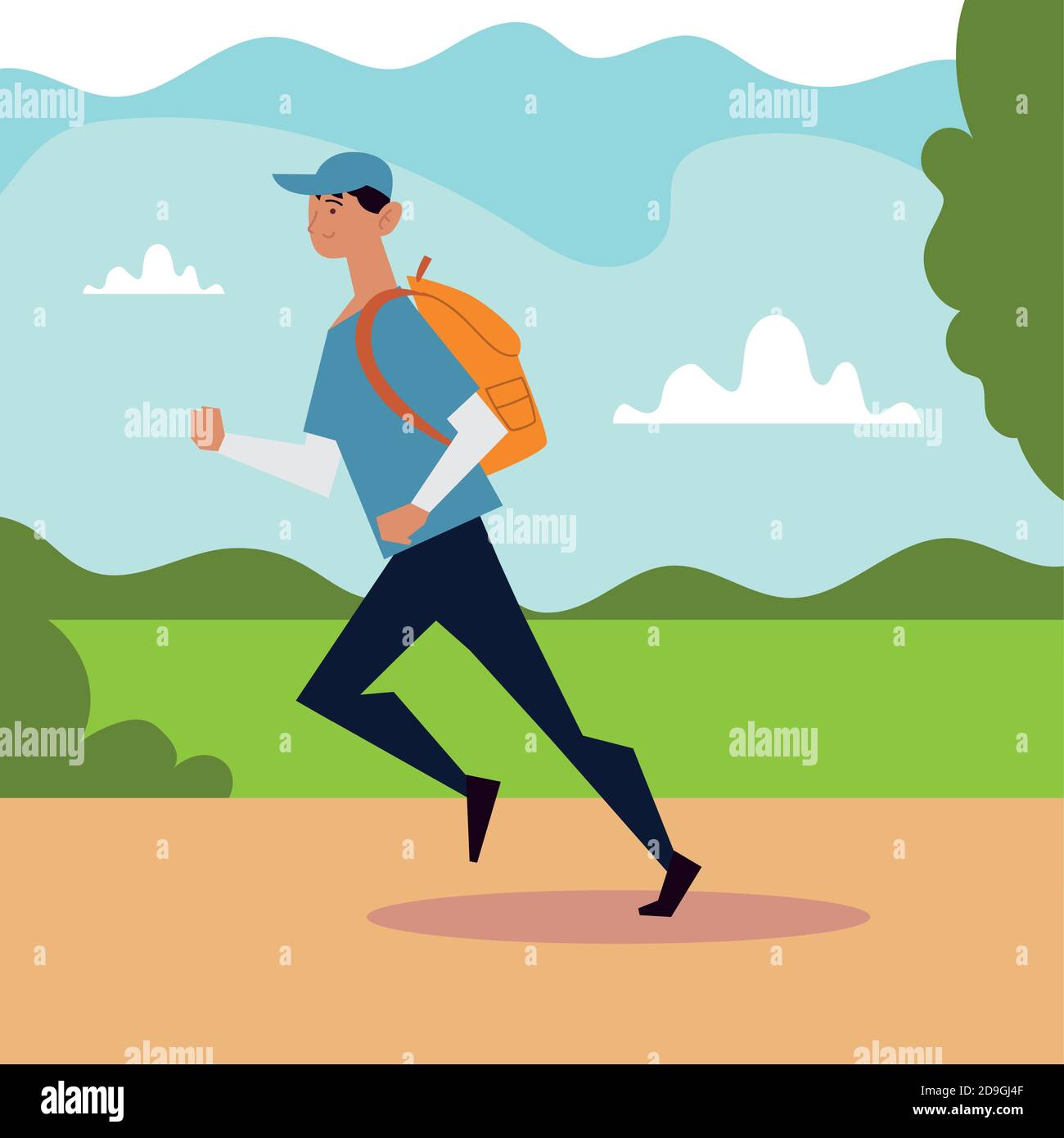young man running with backpack in the park vector illustration Stock ...