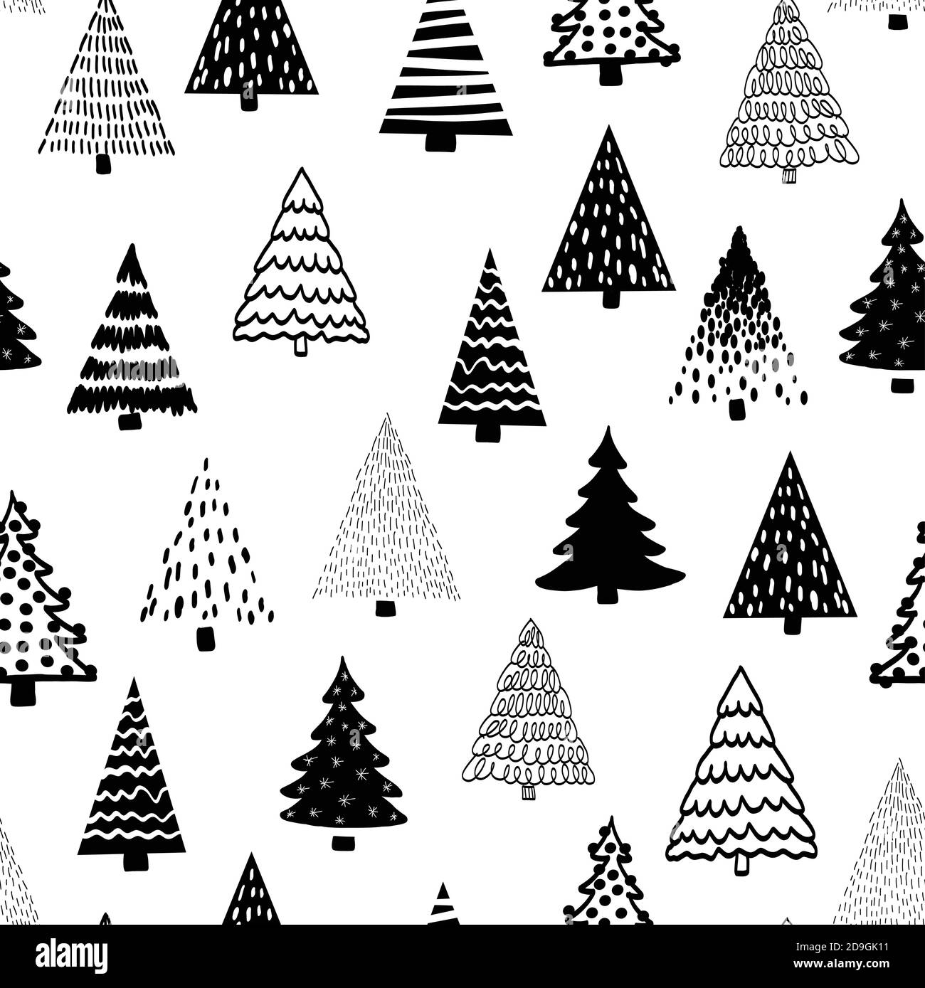 Doodle tree pattern black on white seamless vector pattern. Monochrome ...