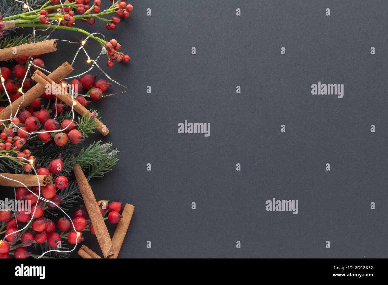 Christmas background with copy space, berries, cinnamon sticks ...