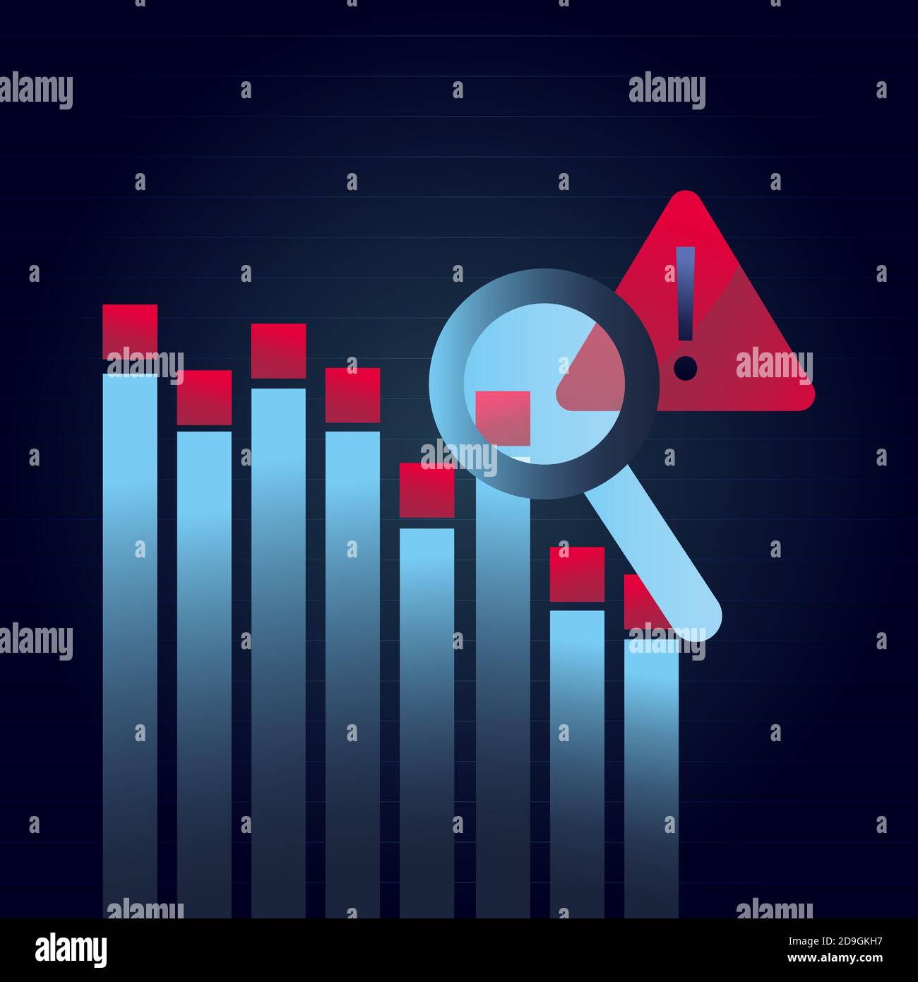 bars chart lupe and warning sign gradient style icon design, Data analysis and information theme ...