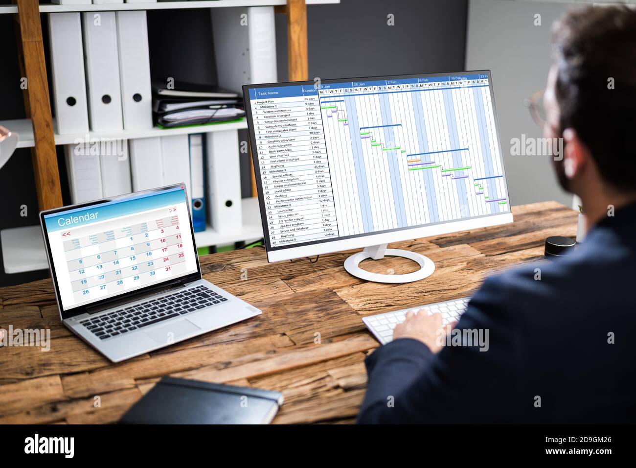 Scheduling Report List And Gantt Chart On Computer Screen Stock Photo ...