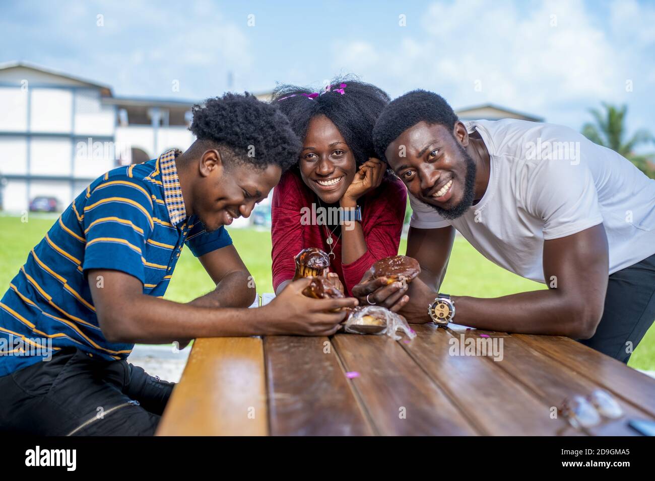 Group of friends enjoying dessert in a park during the daytime Stock ...